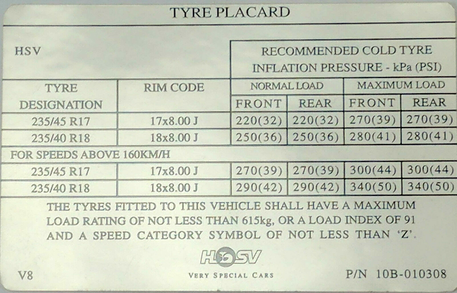 Genuine Holden HSV Decal Tyre Placard for VT VX VY VZ HSV 18" 235/45 ...