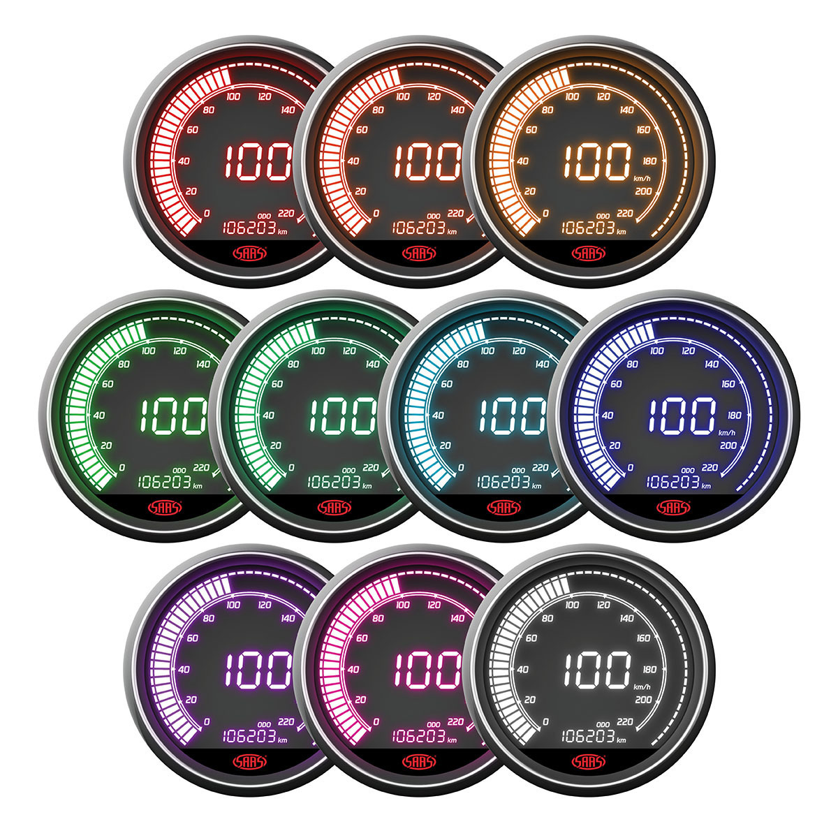 SAAS Speedometer / Tacho Tachometer 0 - 220 Kph 3 1/2 Indash Digital Series