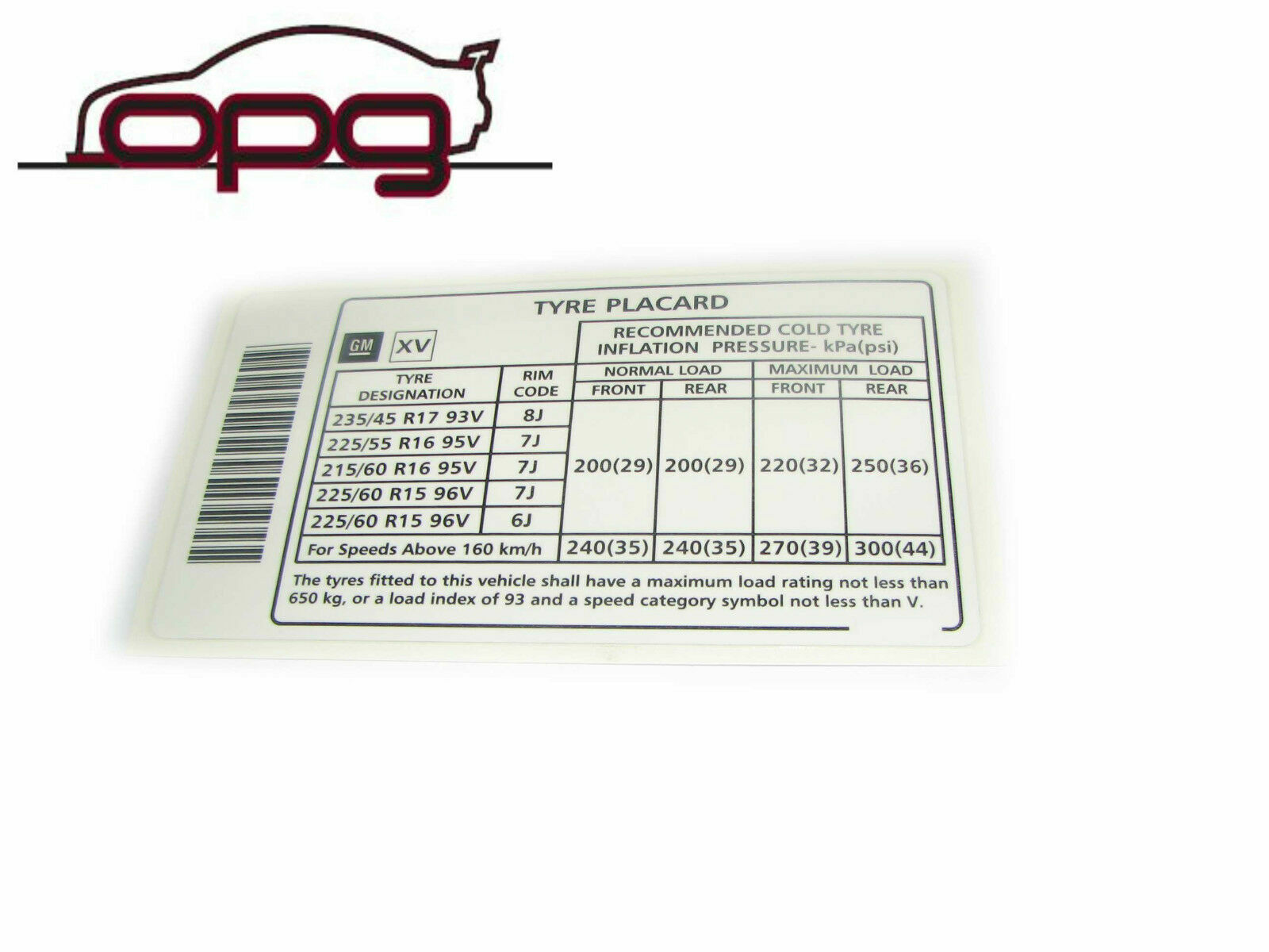 Decal Tyre Placard VT VX 17" (235/45 R17) - HOLDEN