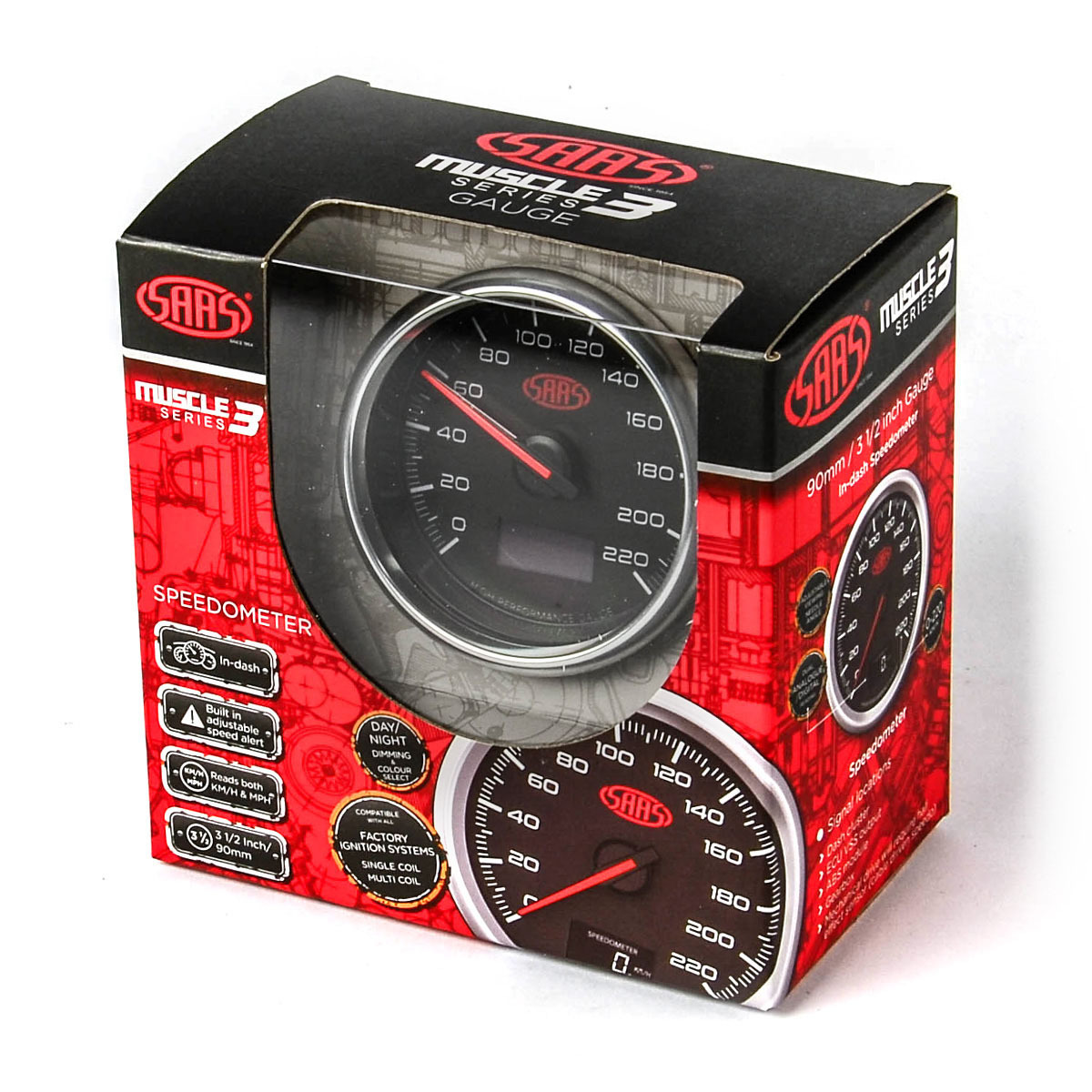 Genuine SAAS SG32632 Speedometer 0 - 220 Kph 3 1/2 Indash Black Muscle Series 3